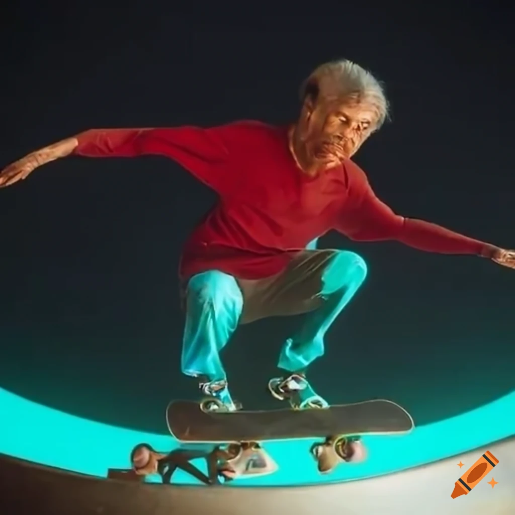 Tony hawk skateboarding on glowing glass vert ramp with alien ...