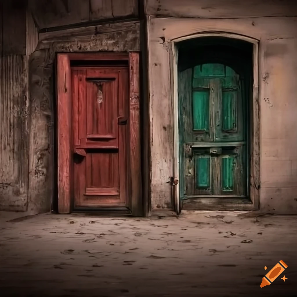 Two doors with a small table between them in a creepy old house on Craiyon