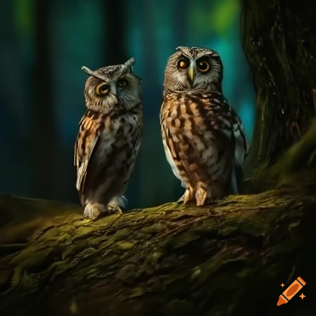 Mystical trio of owls in the woods on Craiyon