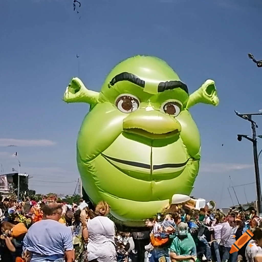 Helium inflatable of Shrek's head at a parade celebration on Craiyon