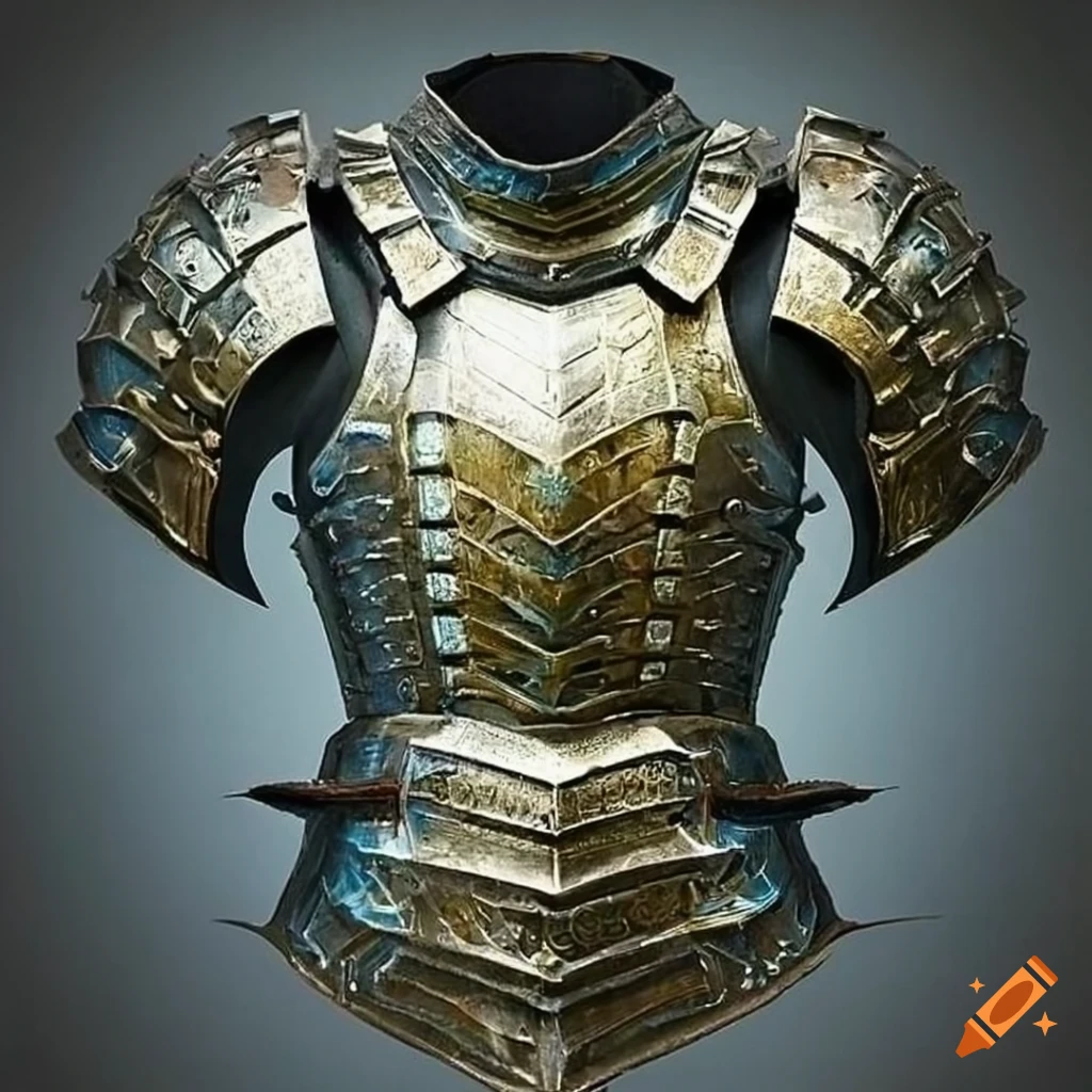 Adorned magic heavy body armor in a close-up front view on Craiyon