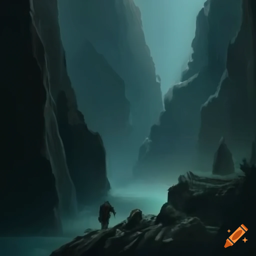 Deep chasm in the mountains with settlers living on the edge on Craiyon