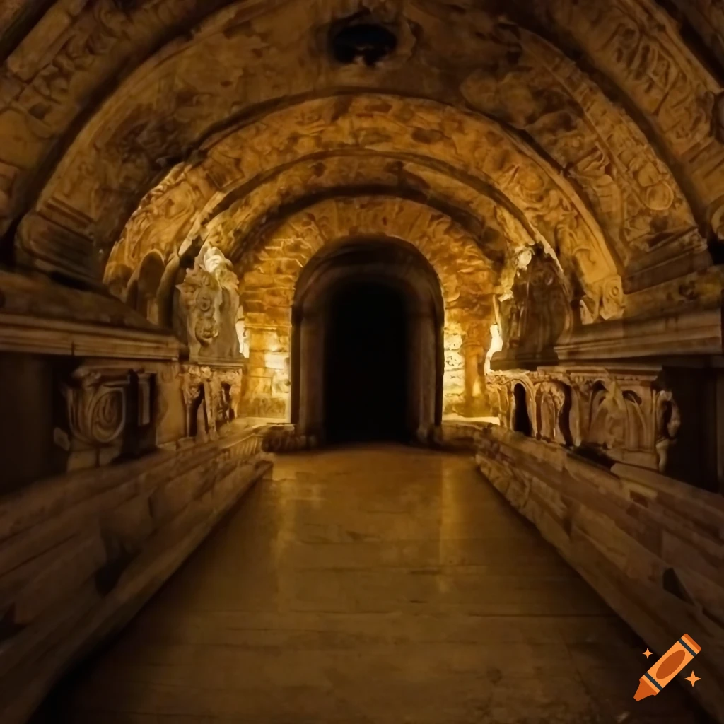 Dimly lit crypt with ornate stone coffins on Craiyon