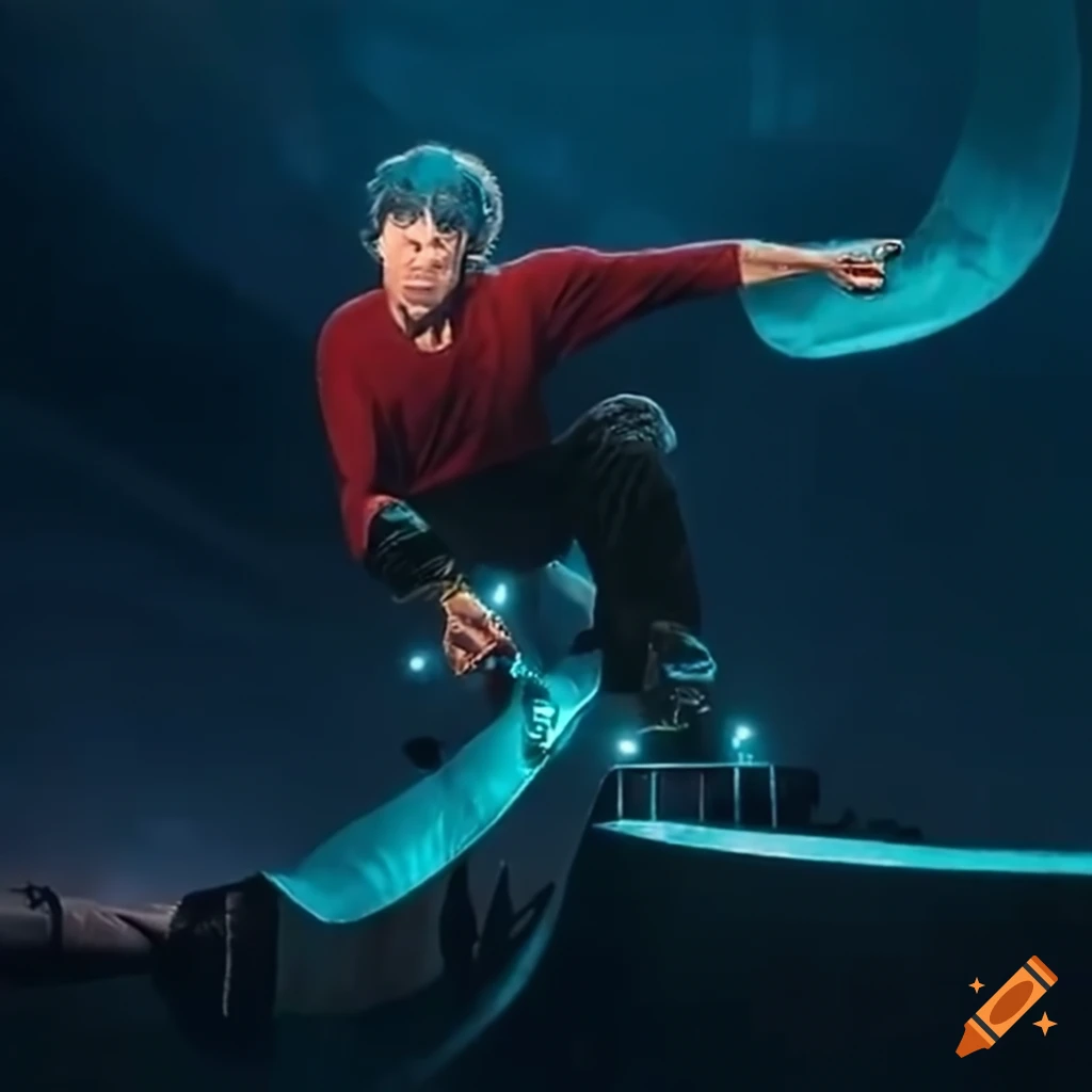 Tony hawk skateboarding on a glowing glass vert ramp at the edge of an ...