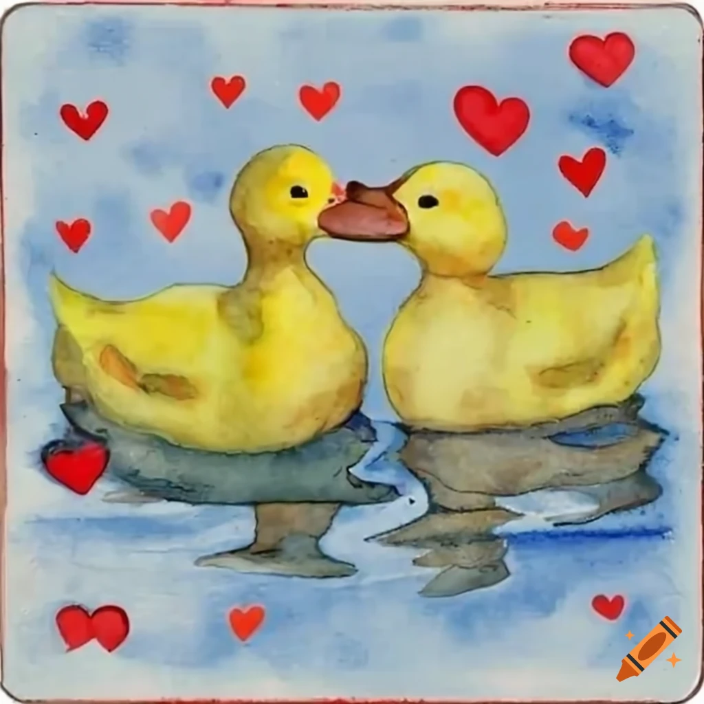 Two cute yellow ducks in a pond surrounded by little red hearts on Craiyon