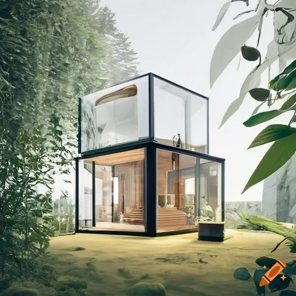 Glass and stainless steel pod house with plants in Scandinavian style ...