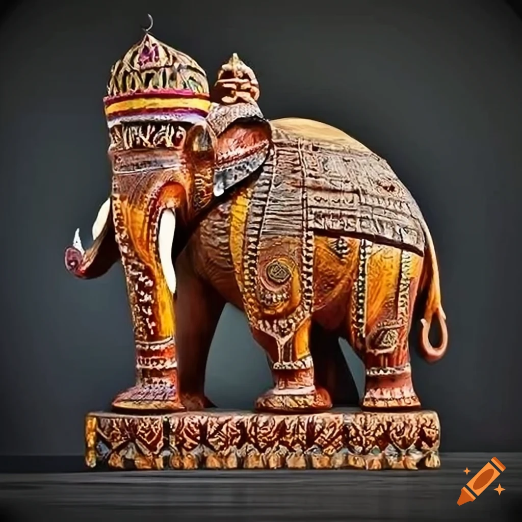 Handcrafted wooden carving of an intricately detailed elephant inspired ...