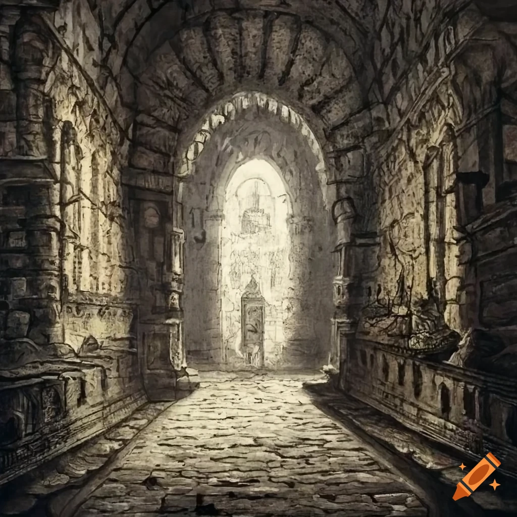 Mystical stone hallway inspired by theodor kittelsen and piranesi on ...