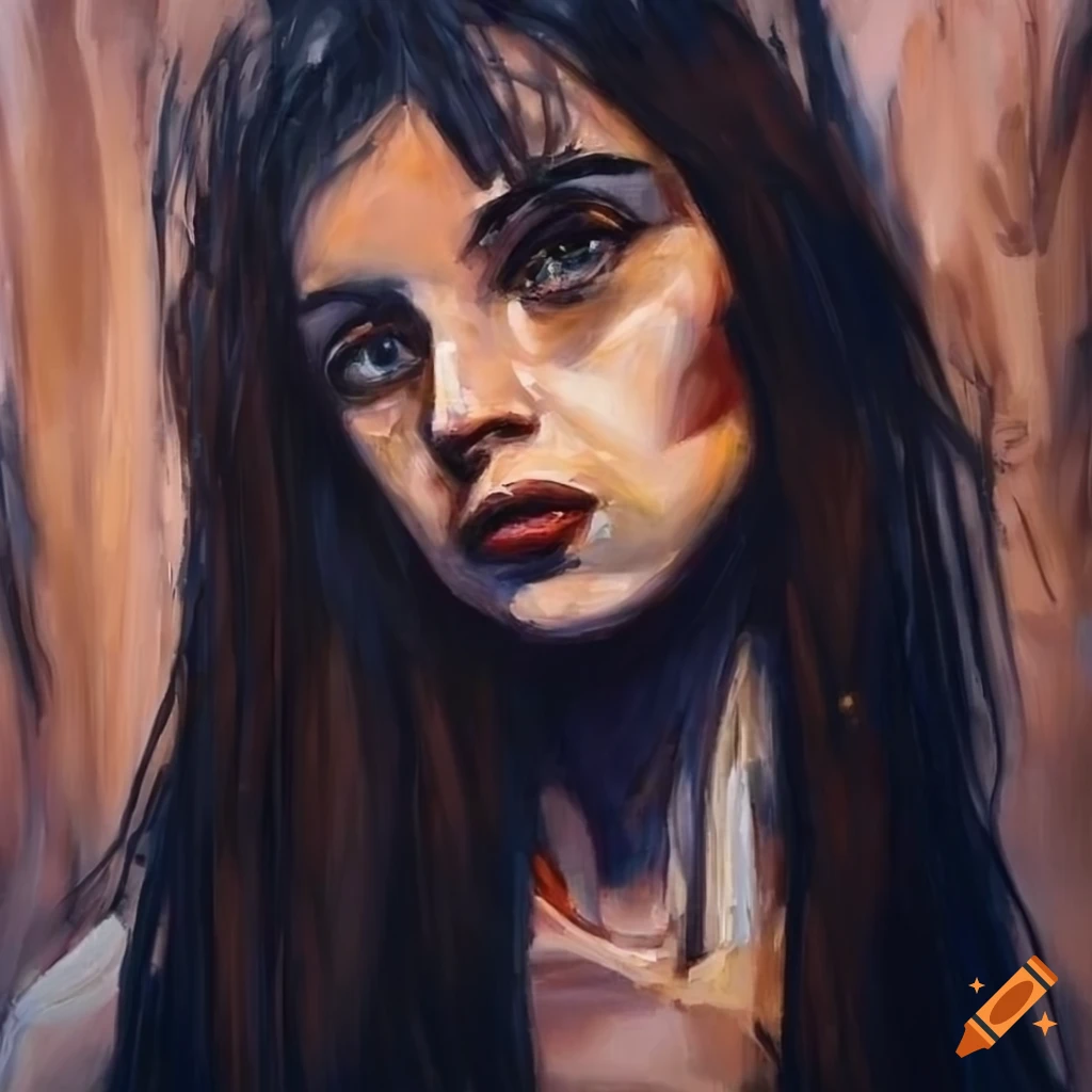 High contrast messy oil portrait of a brunette with a dark and sketchy ...