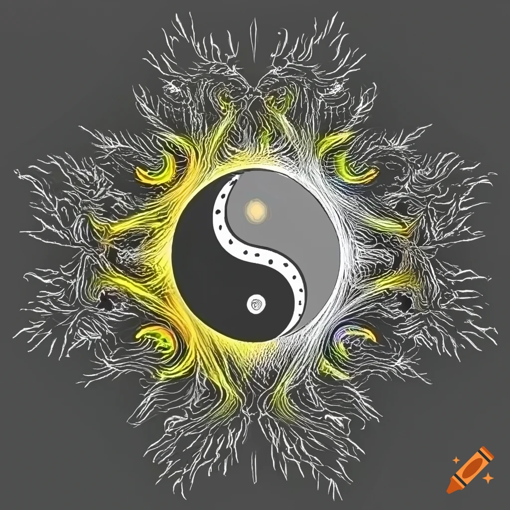 Yin yang symbol with flaming colored lines on a black background on Craiyon