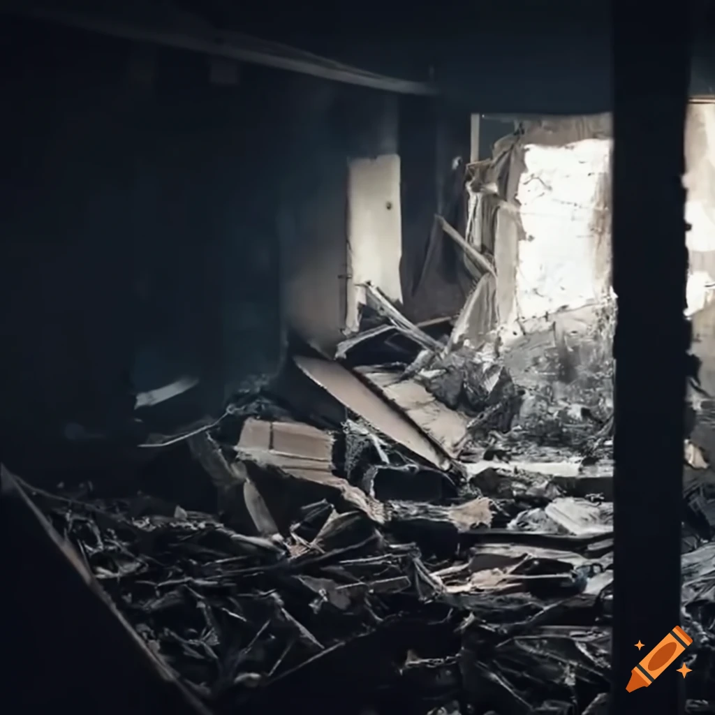 Interior of a destroyed hospital with debris and twisted metal beams on ...