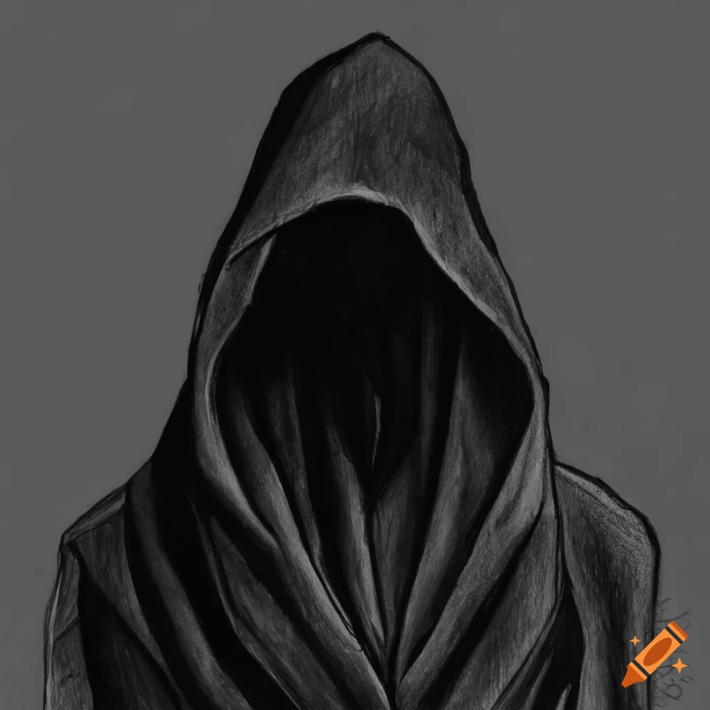Black and white pencil drawing of a hooded figure in darkness on Craiyon