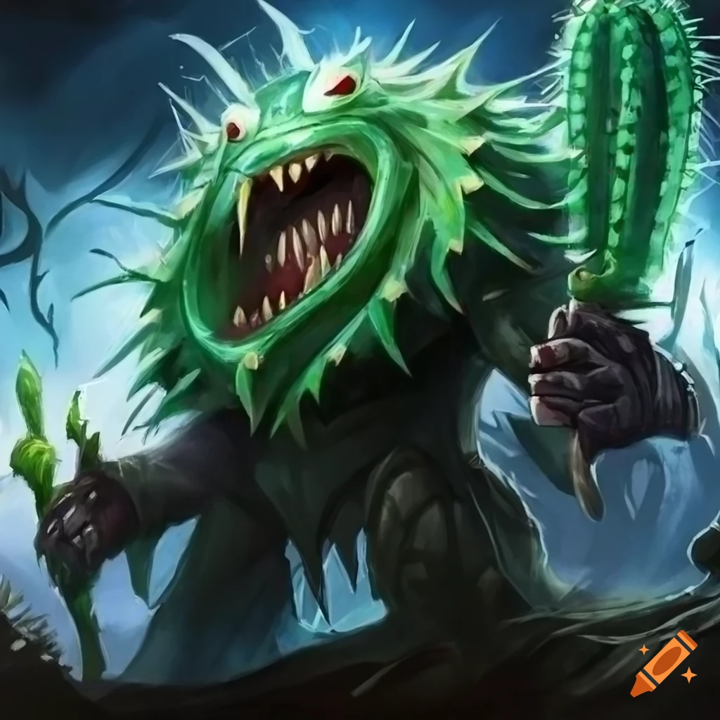 Cactus monster with sharp teeth in dark fantasy style, league of legends art by greg rutkowski ...