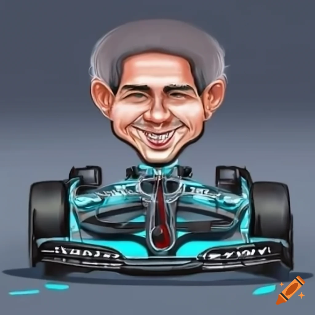 Man caricature driving a 2020 Formula 1 Mercedes race car on Craiyon