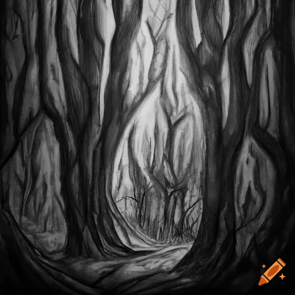 Black and white pencil sketch of a creepy dark forest at midnight on ...