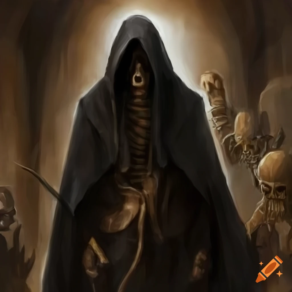 Skeleton sorcerer with a detailed cloaked face in a barren city on Craiyon