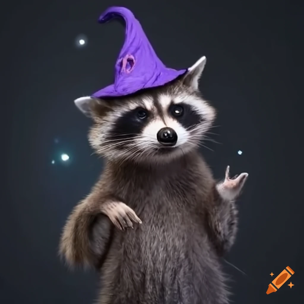 Wizard raccoon with raised arms on Craiyon