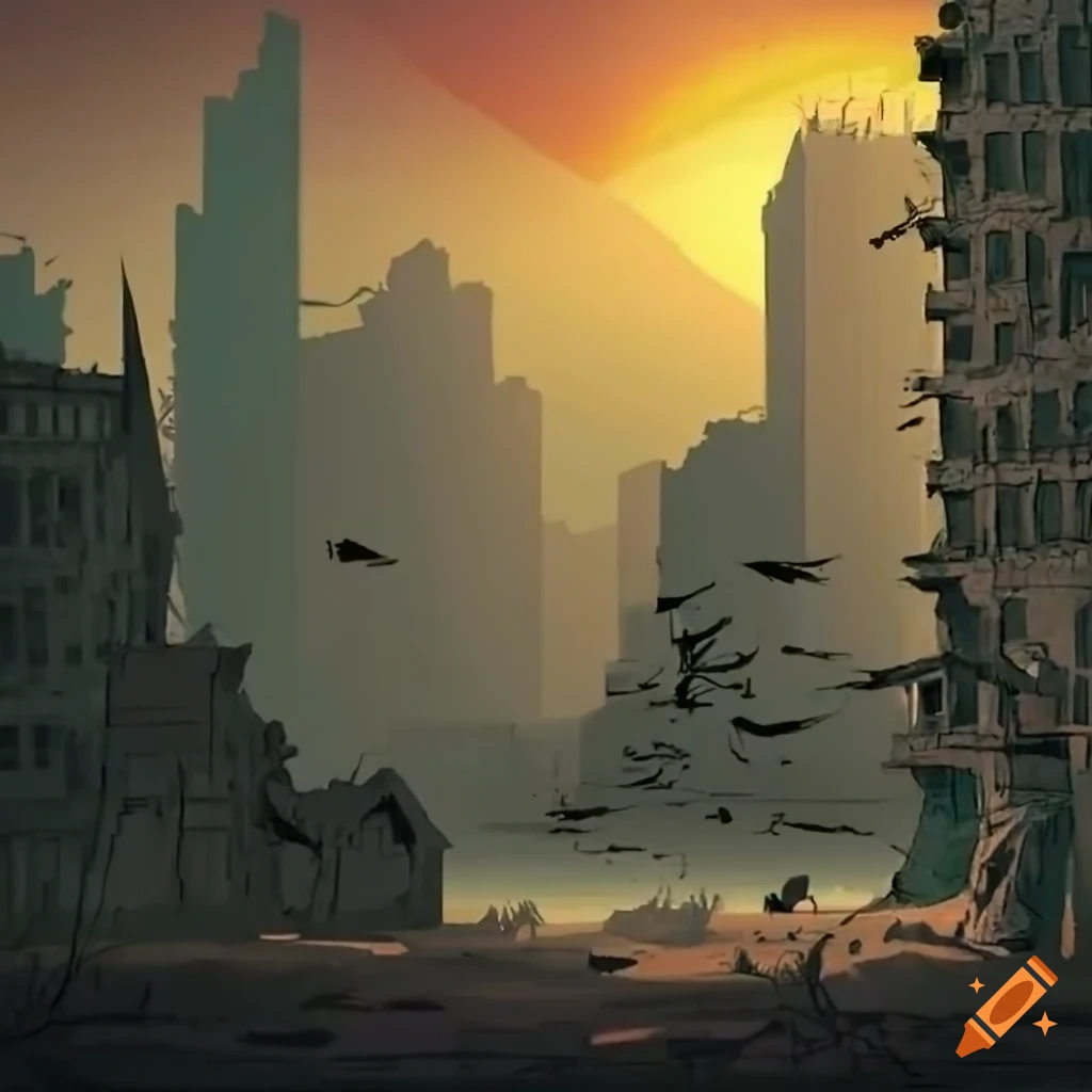 Desolate city ruins under eerie setting sun light on Craiyon