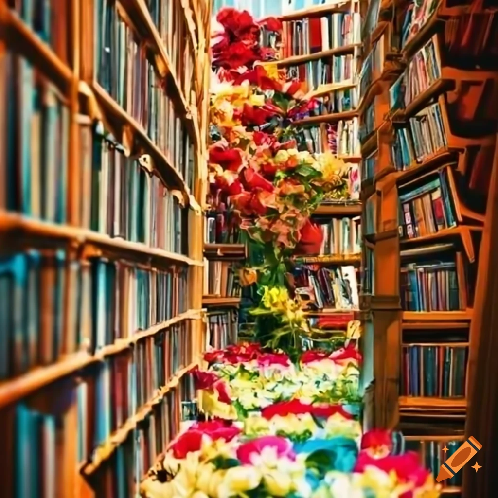 Colorful flowers flowing in a book library setting on Craiyon