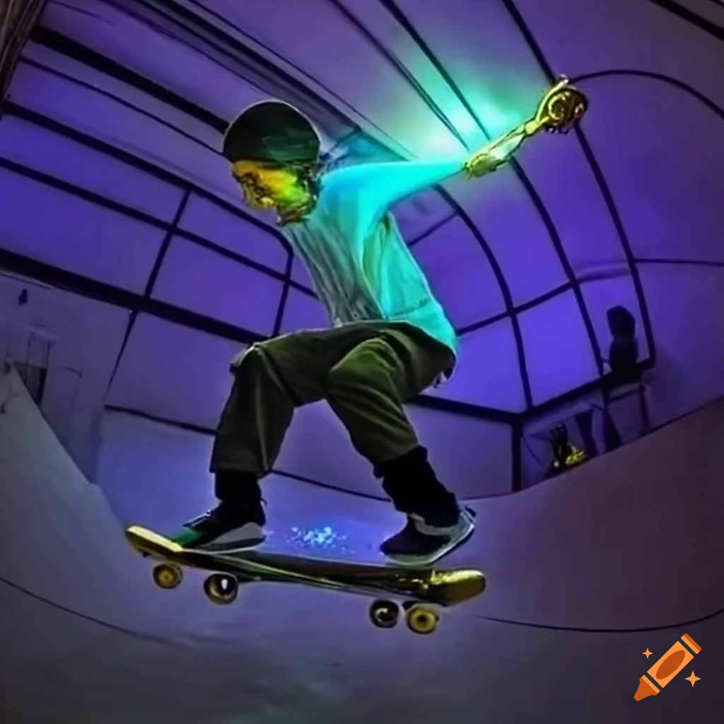 Tony Hawk skateboarding on a glowing glass vert ramp with alien ...
