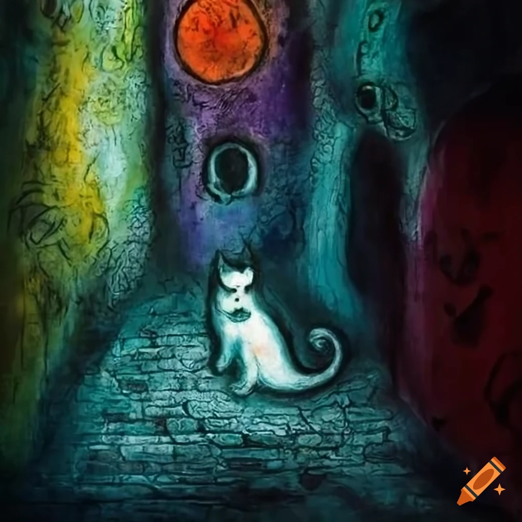 Ghostly cat in a dark alley with a marc chagall style on Craiyon