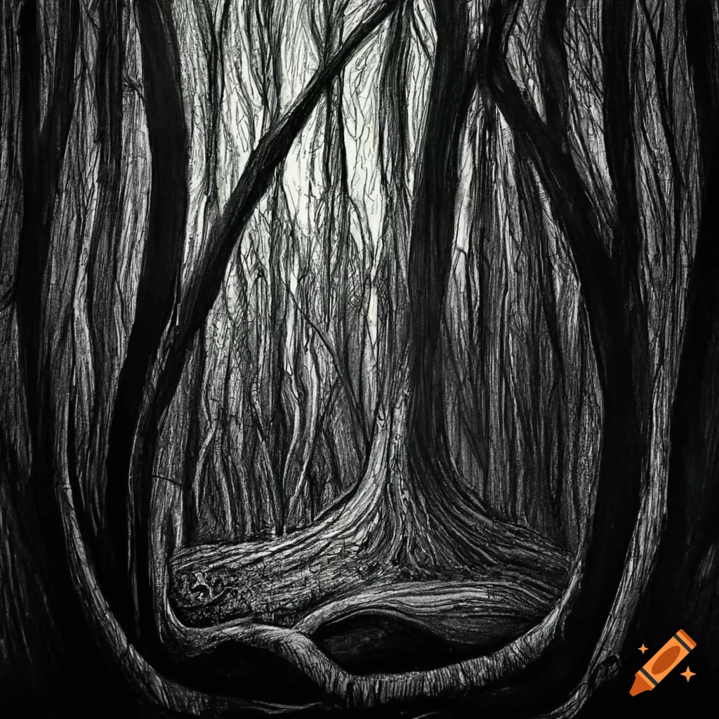 Black and white pencil sketch of a creepy dark forest at midnight on ...