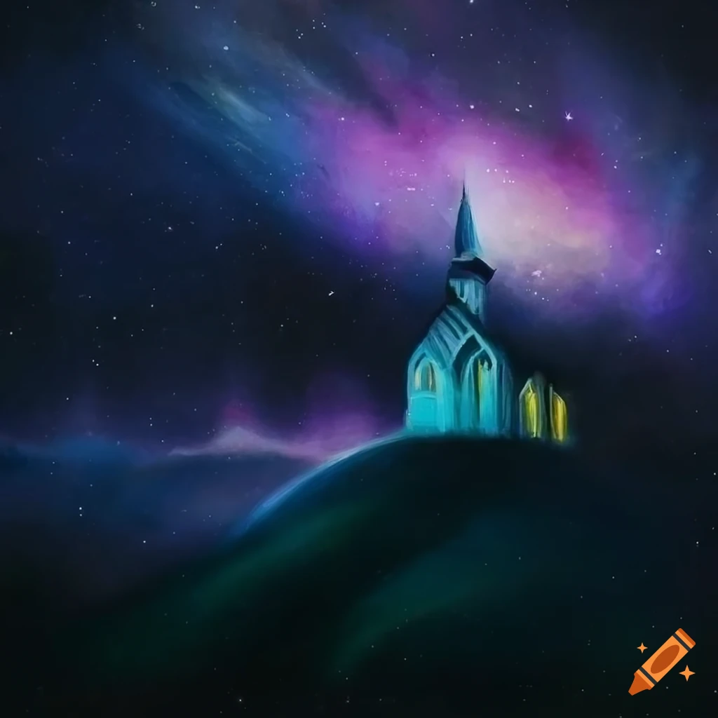 Ethereal painting of a church on a hill under a starry night sky on Craiyon