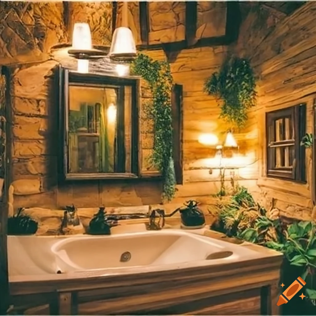 Cozy hobbit bathroom with many light bulbs on on Craiyon