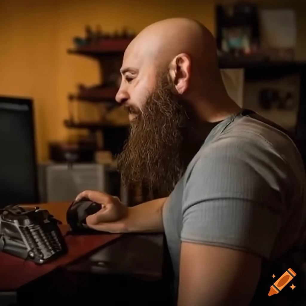 Bald bearded gamer from Argentina playing video games on PC on Craiyon