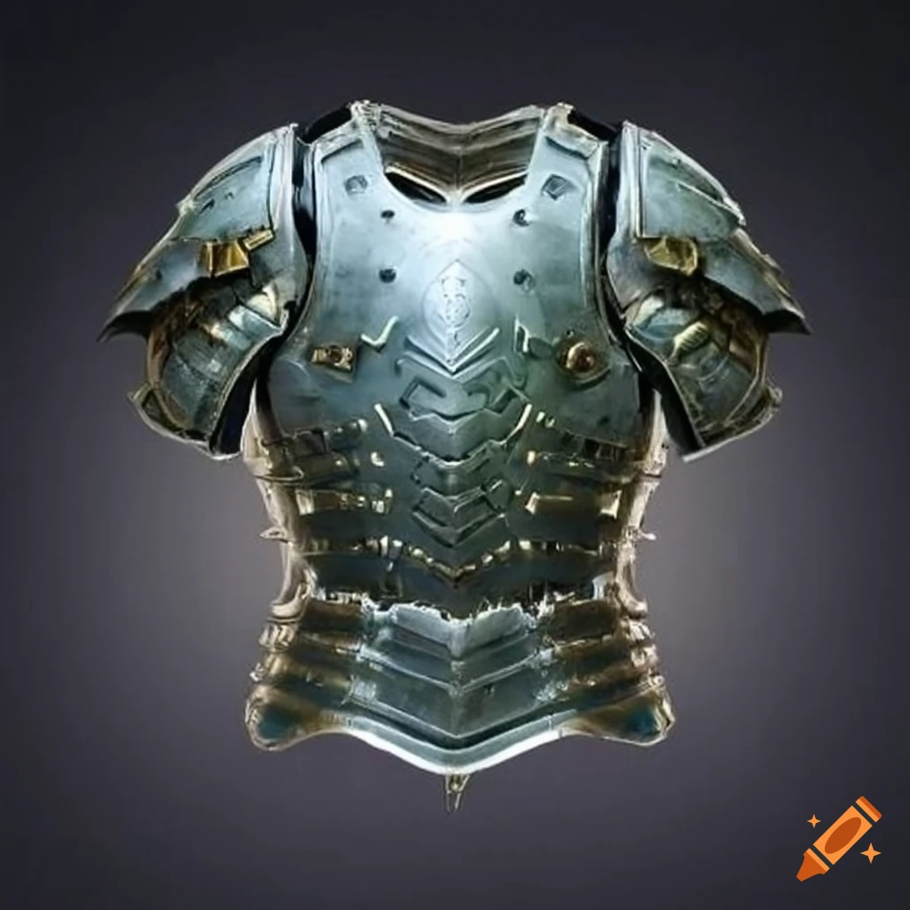 Adorned massive heavy body armor in a front view on Craiyon