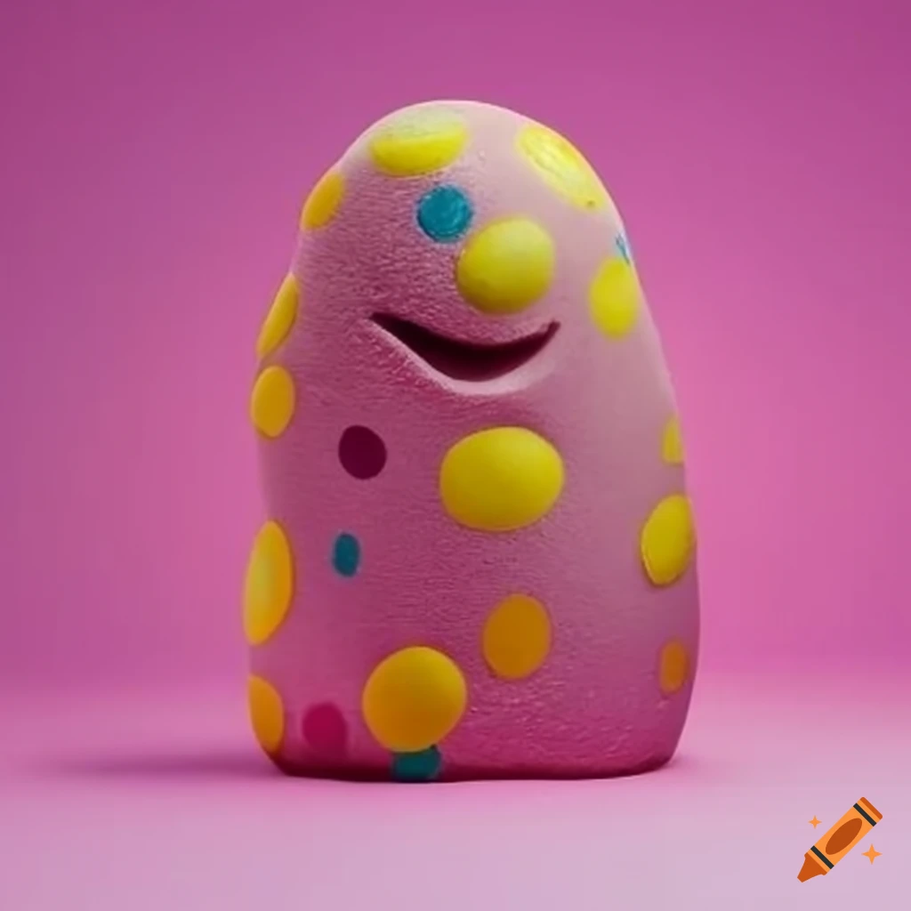 Monolithic standing stones made from pink plasticine with yellow spots ...