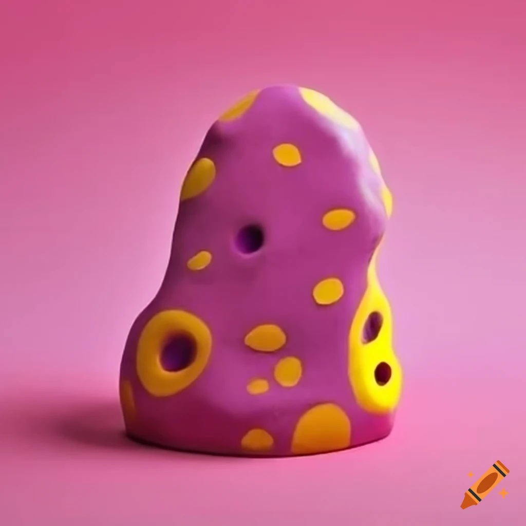 Monolithic standing stones made from pink plasticine with yellow spots ...