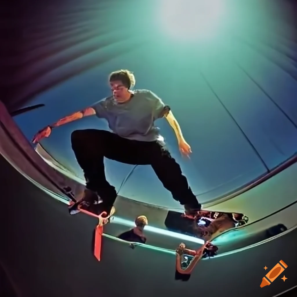 Tony hawk skateboarding on glowing glass vert ramp with alien ...