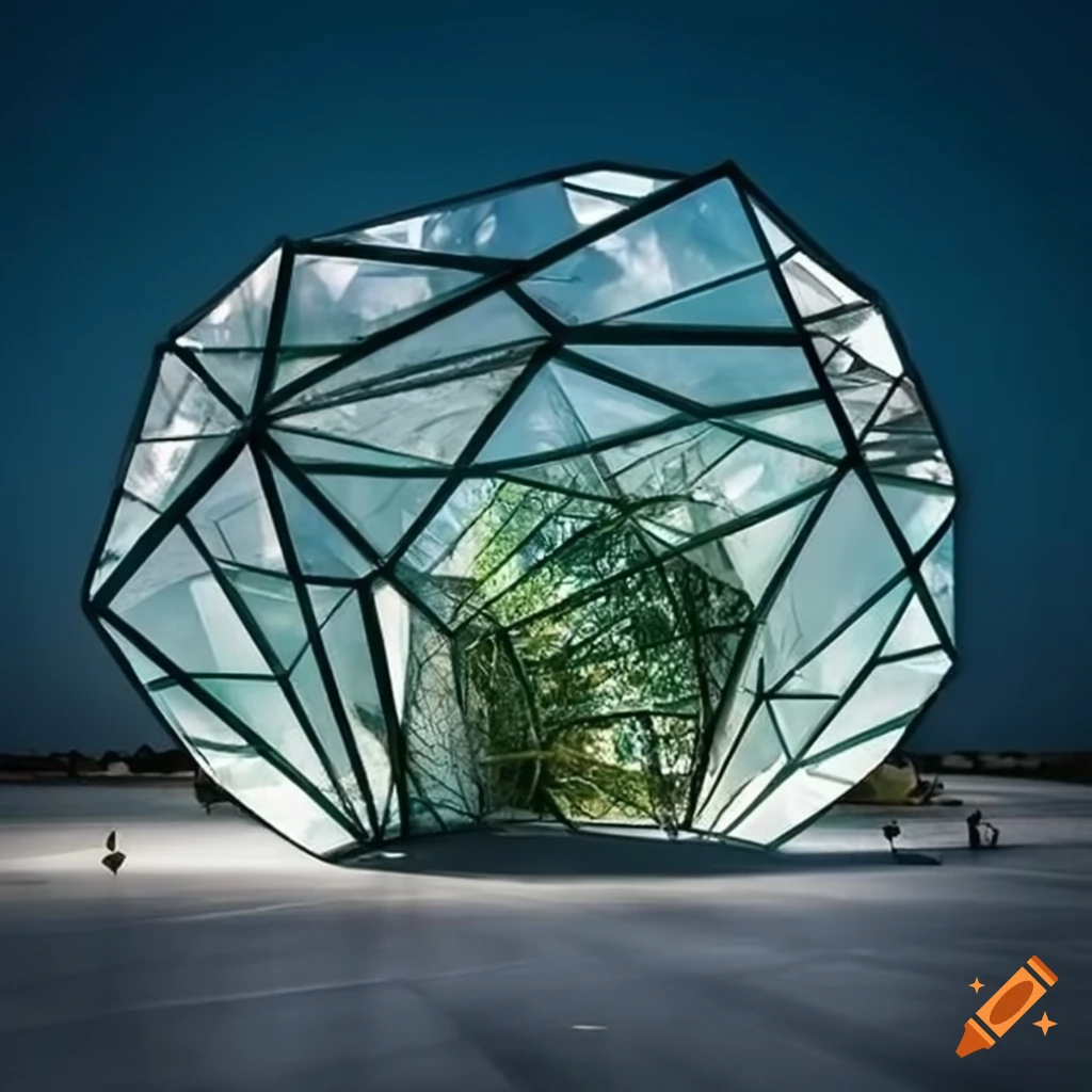 Sculptural geometric structure with glass and live plants on Craiyon