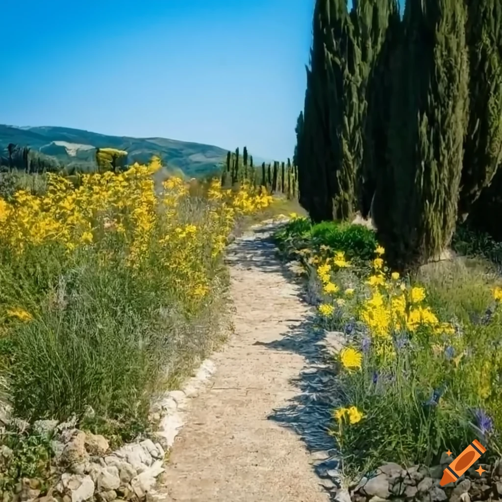 Sunny tuscan landscape with wildflowers, cypress trees, and stone steps ...