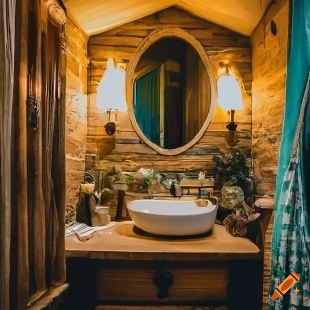 Cozy hobbit bathroom with many light bulbs on on Craiyon