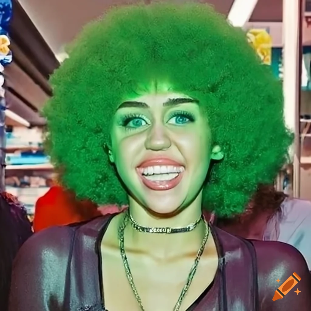 Celebrity with a green afro and maniacal smile in a store on Craiyon