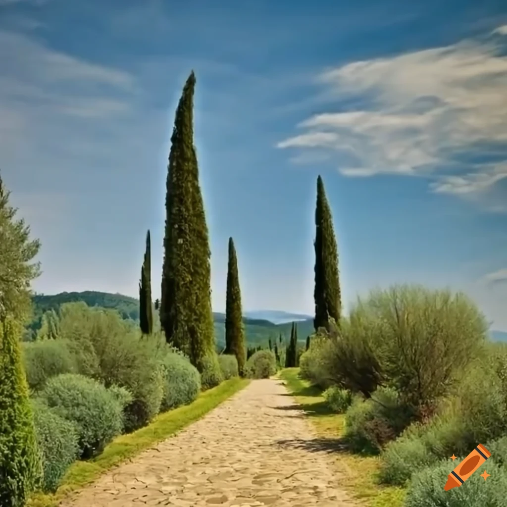 Mediterranean dry garden with cypress trees in Tuscany countryside on ...