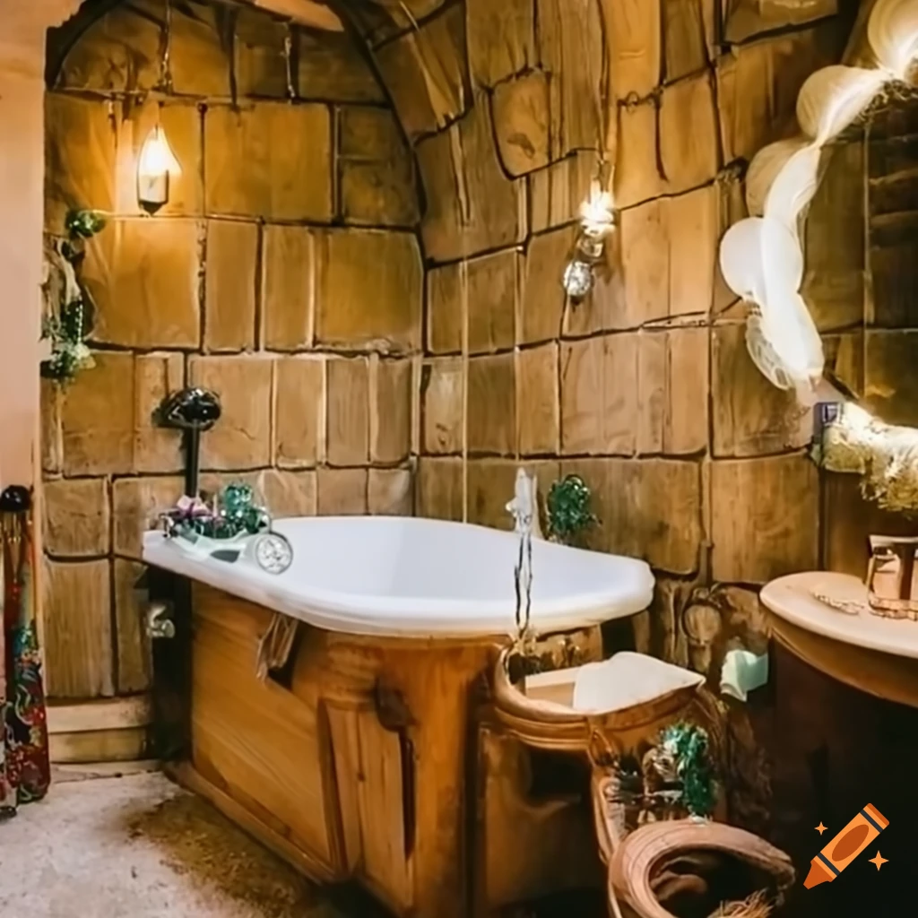 Cozy hobbit bathroom with many light bulbs on on Craiyon
