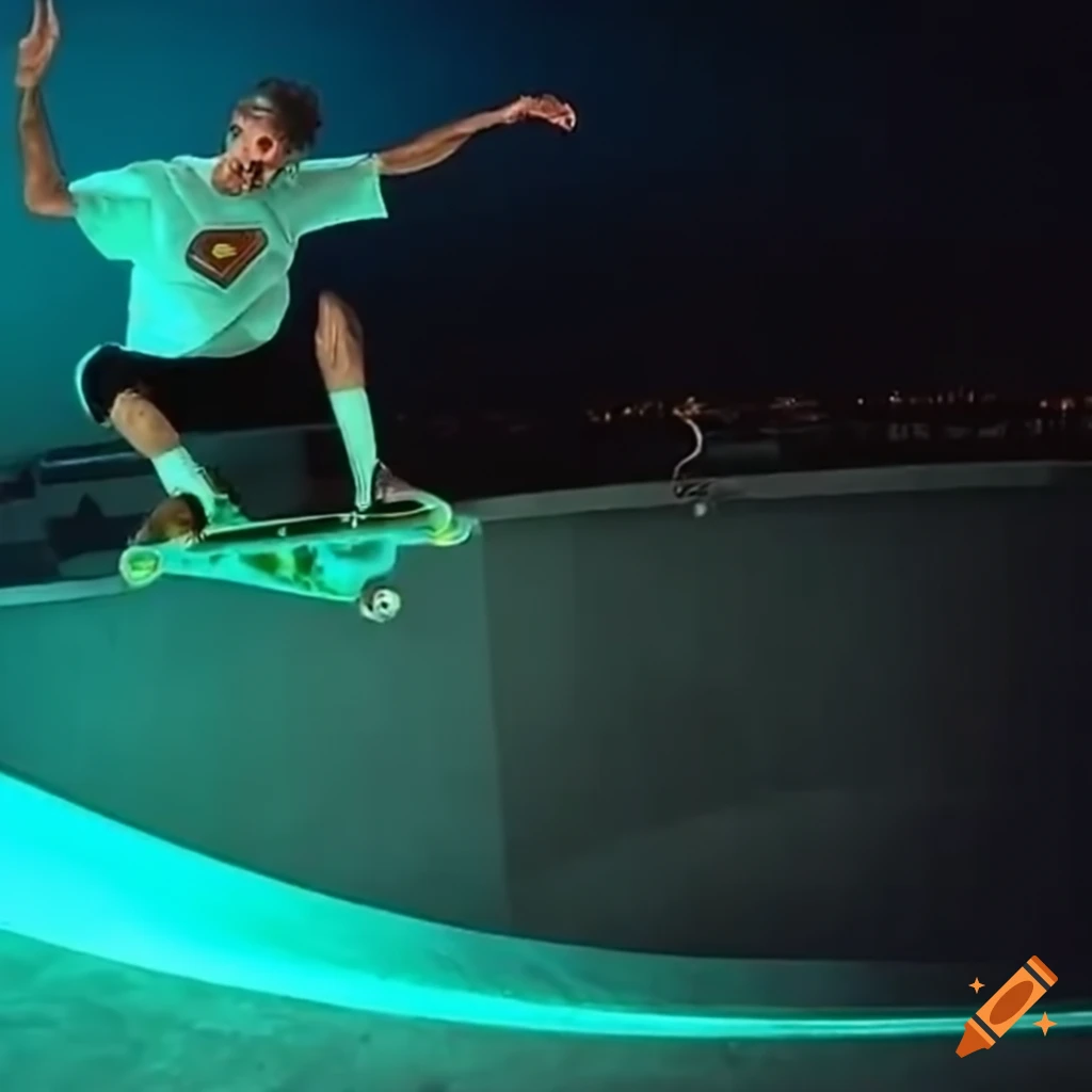 Tony hawk skateboarding on a glowing glass vert ramp with alien ...