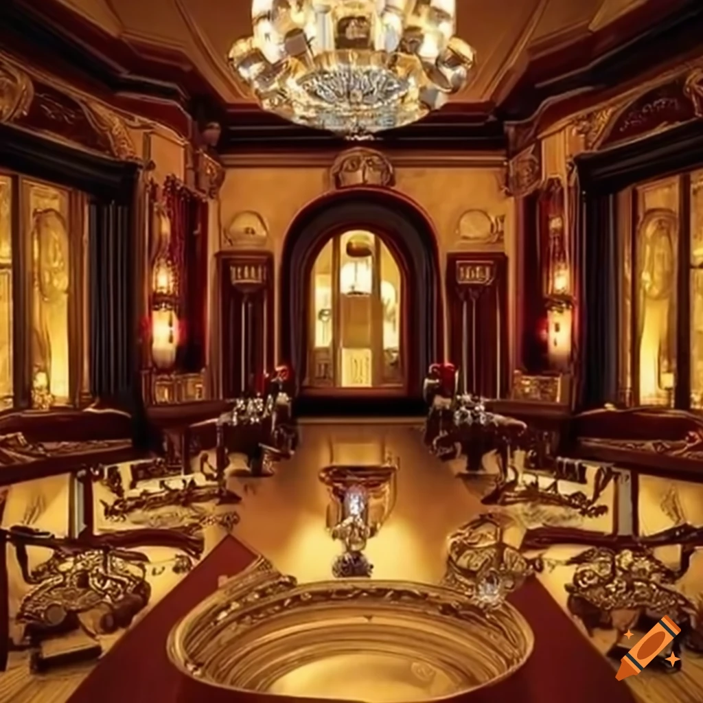 Display of wealth with gold coins, jewels, and luxury cars in a grand ...