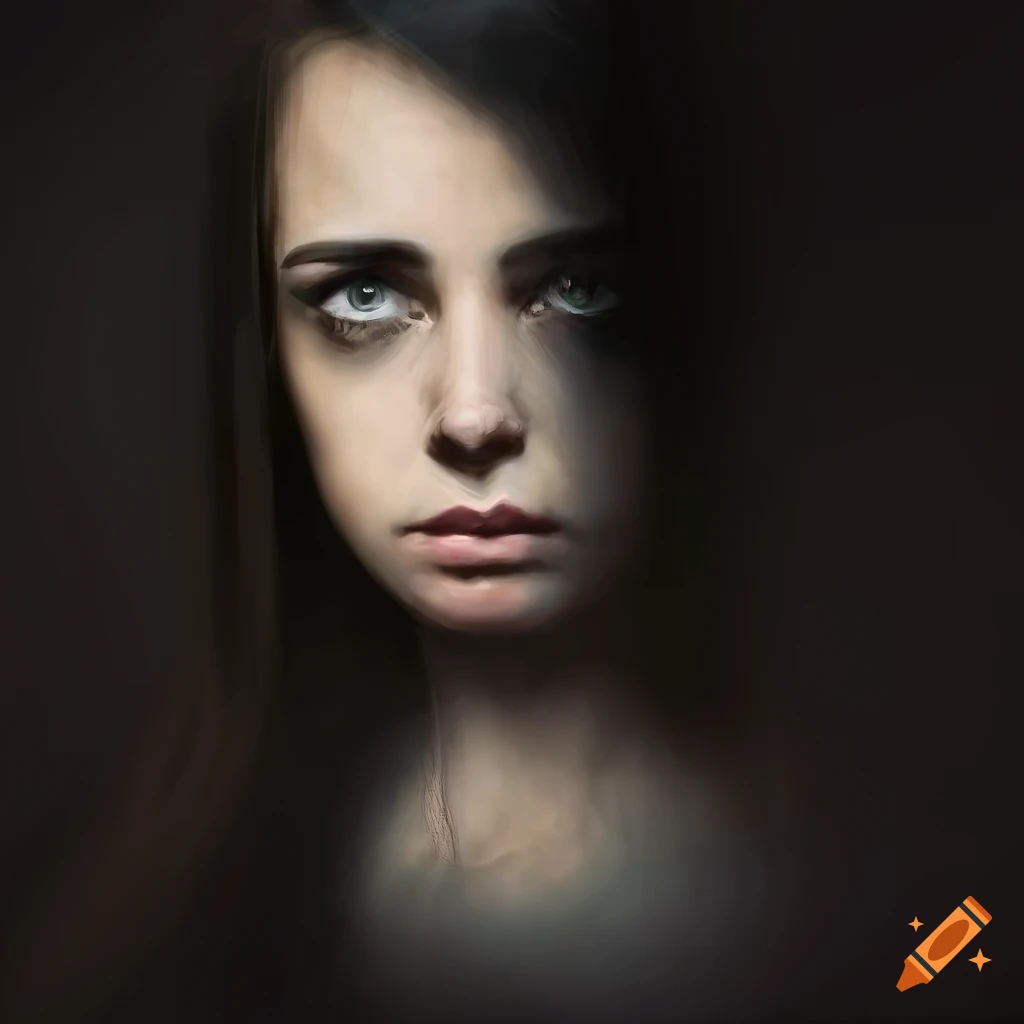 Portrait of a sad brunette in impressionist style with heavy shadows on ...