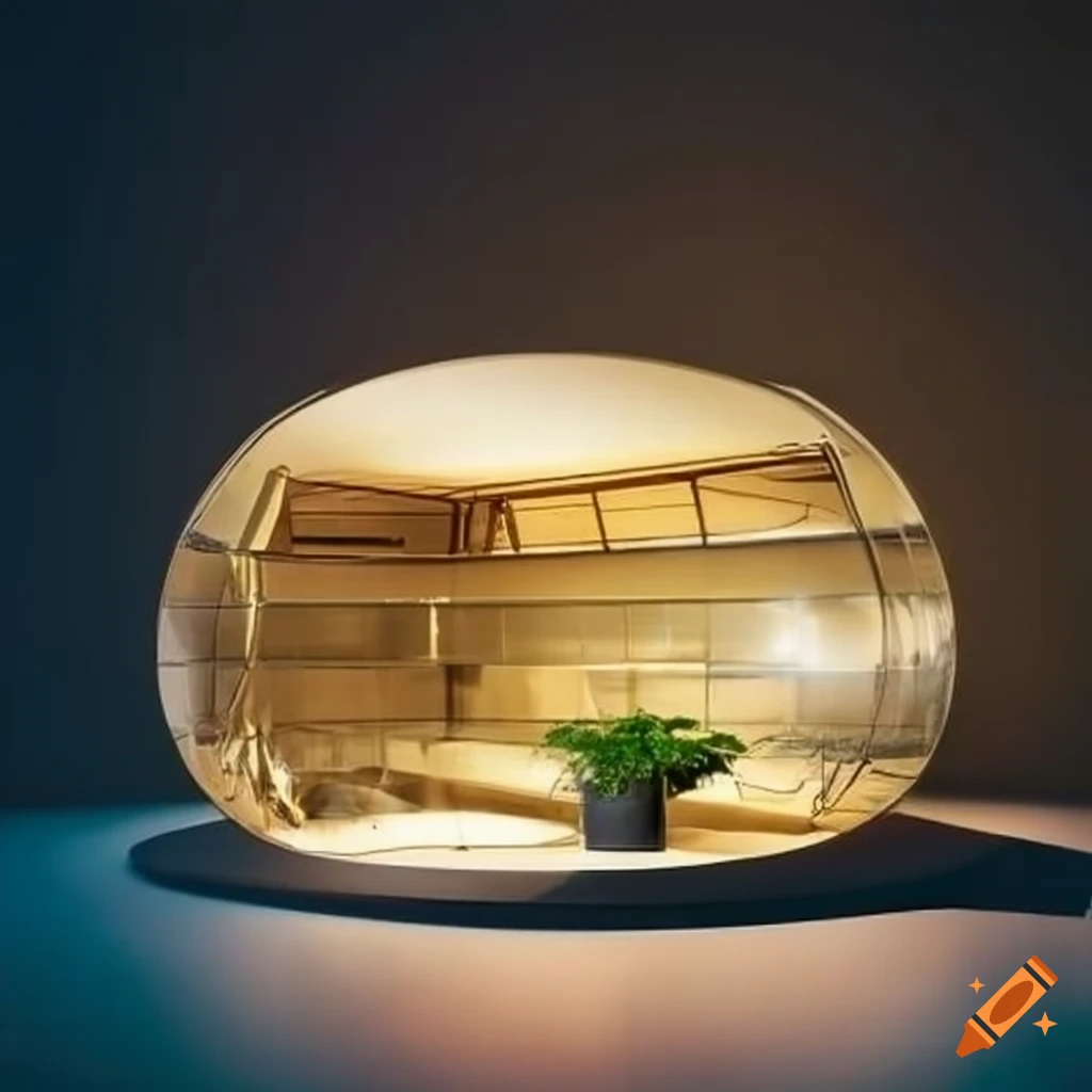 Space-age Golden Glass and Stainless steel pod house with plants in ...