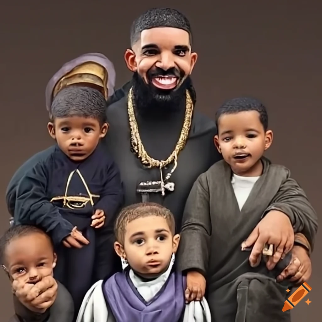 Drake as a wise elder surrounded by his young grandchildren on Craiyon