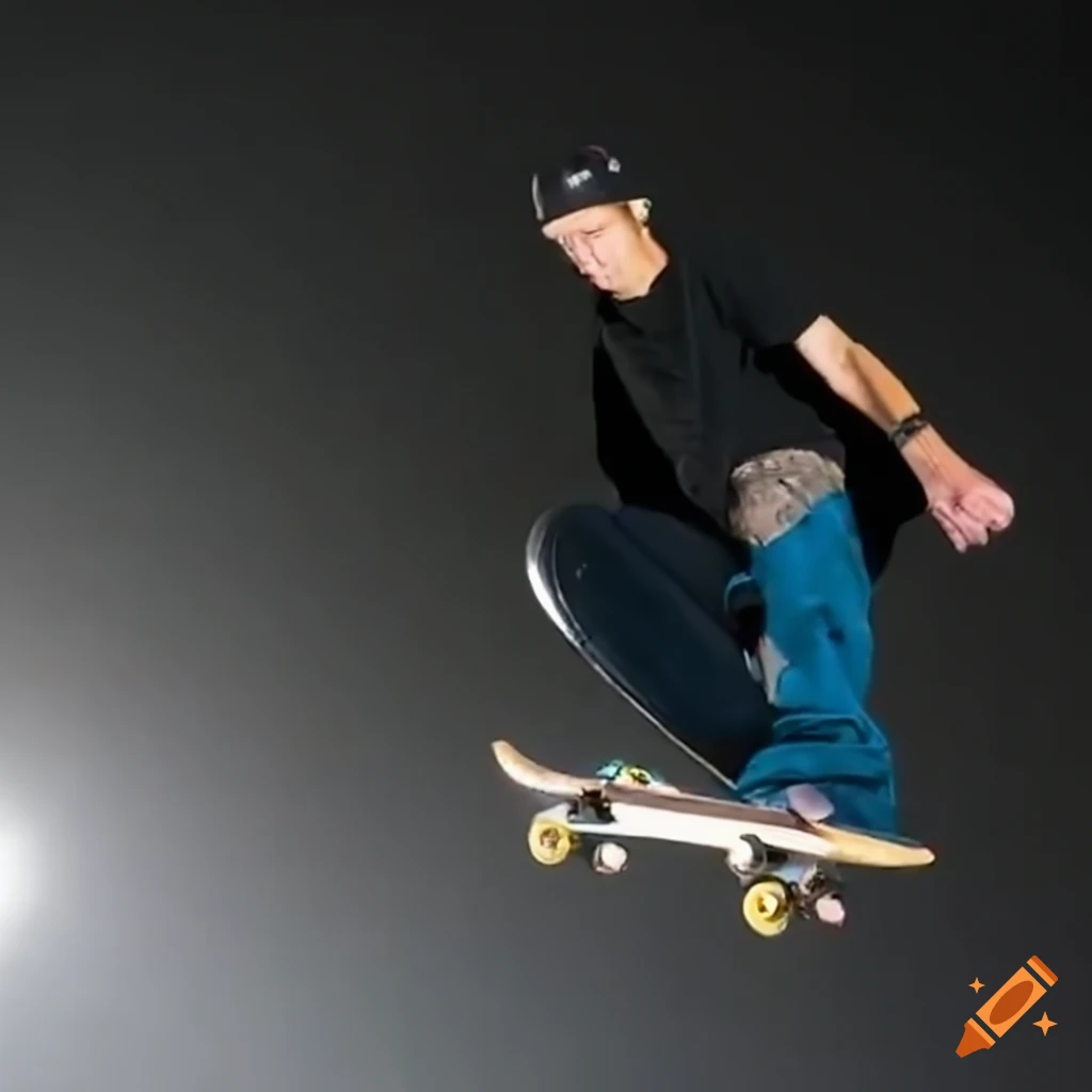 Tony hawk skateboarding on glowing glass vert ramp with alien ...
