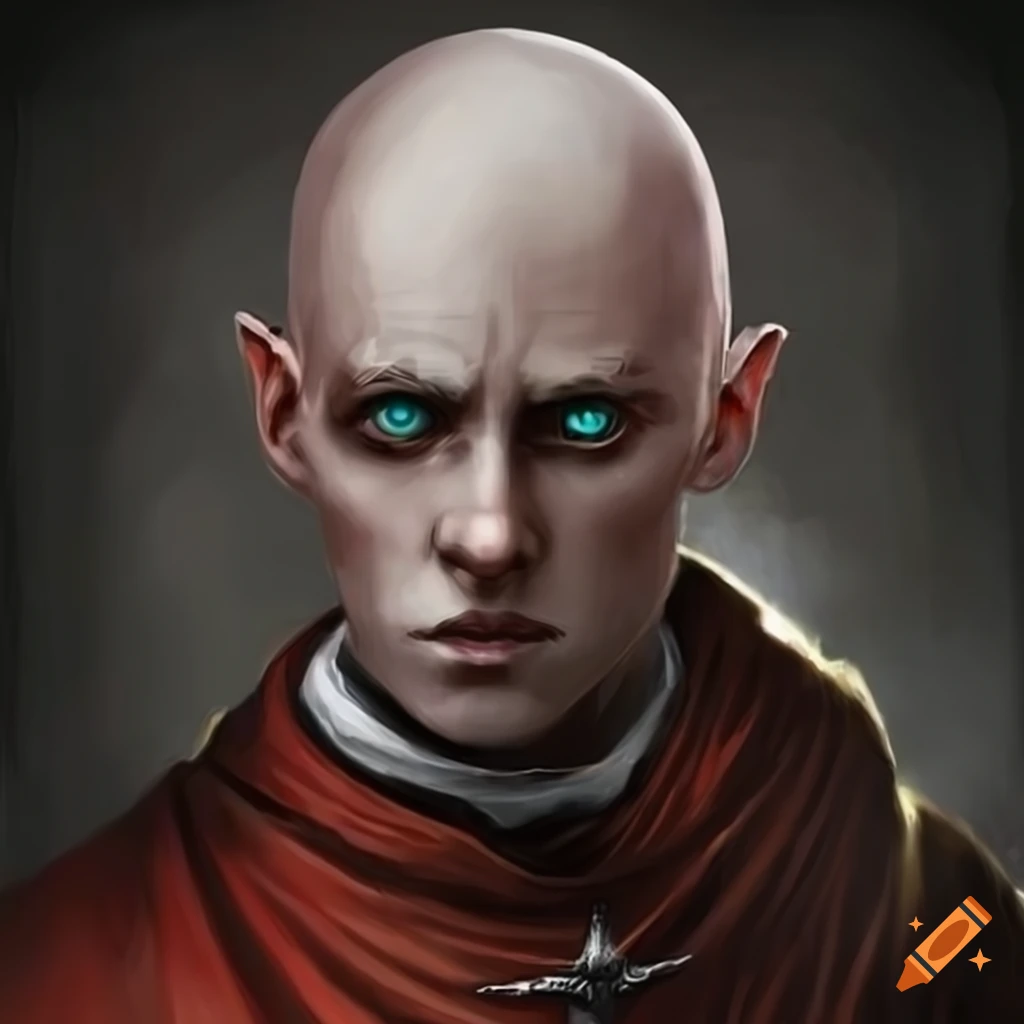 Young bald priest in dark fantasy setting on Craiyon