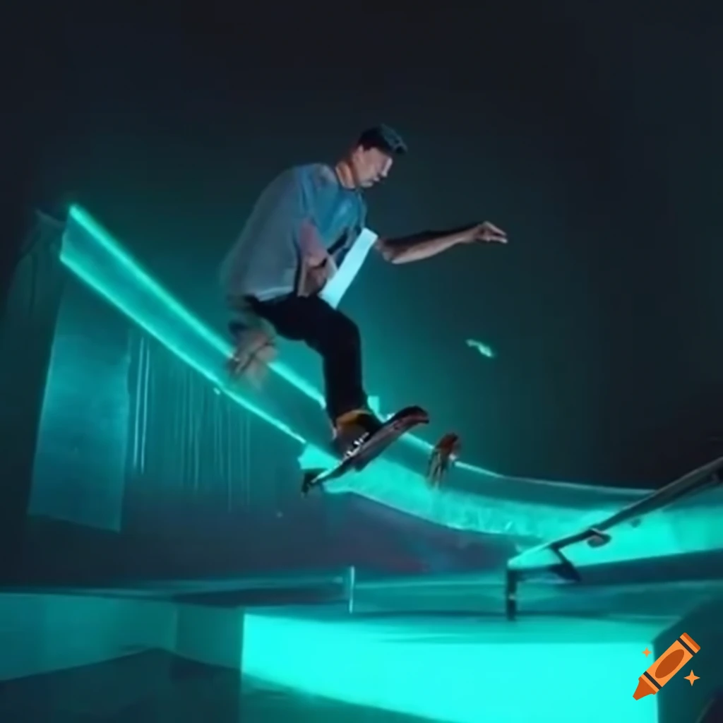 Tony hawk skateboarding on a glowing glass vert ramp with aliens ...
