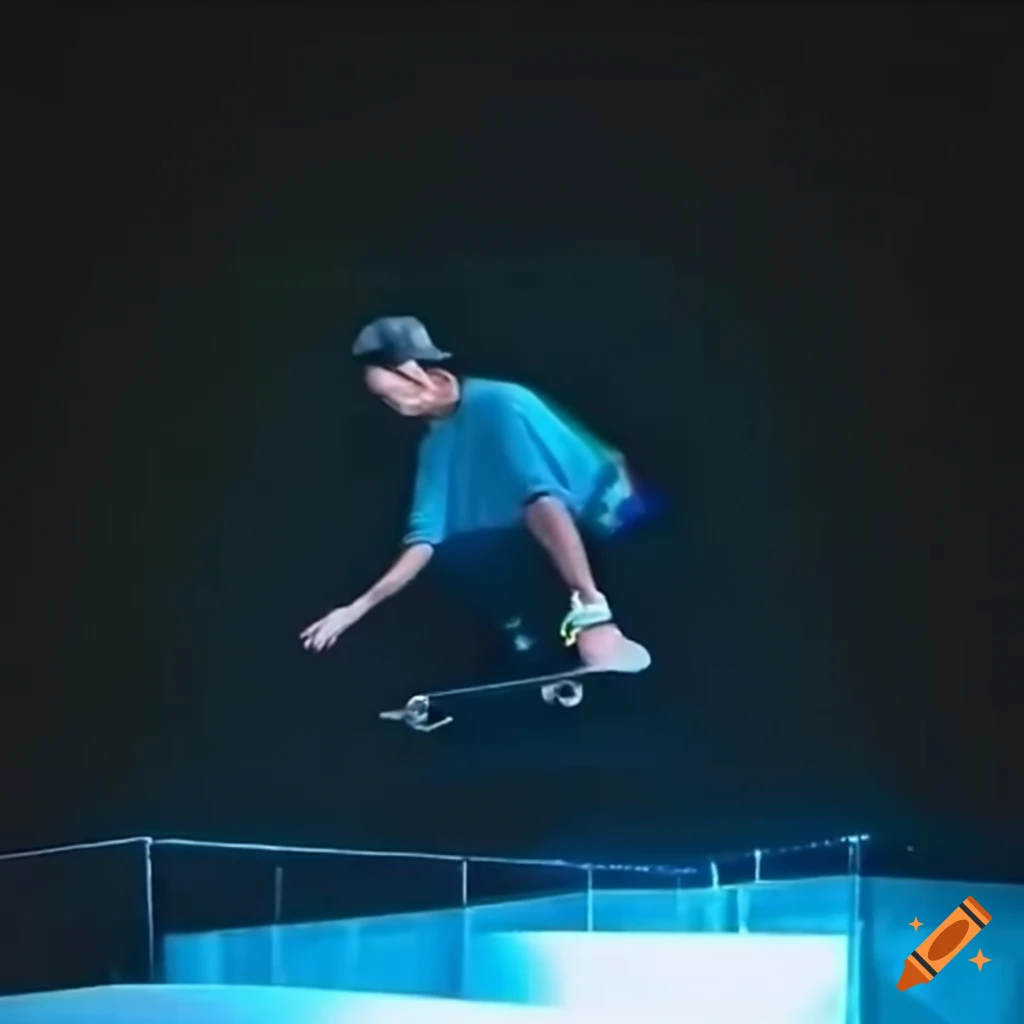 Tony hawk skateboarding on a glowing glass vert ramp with alien ...