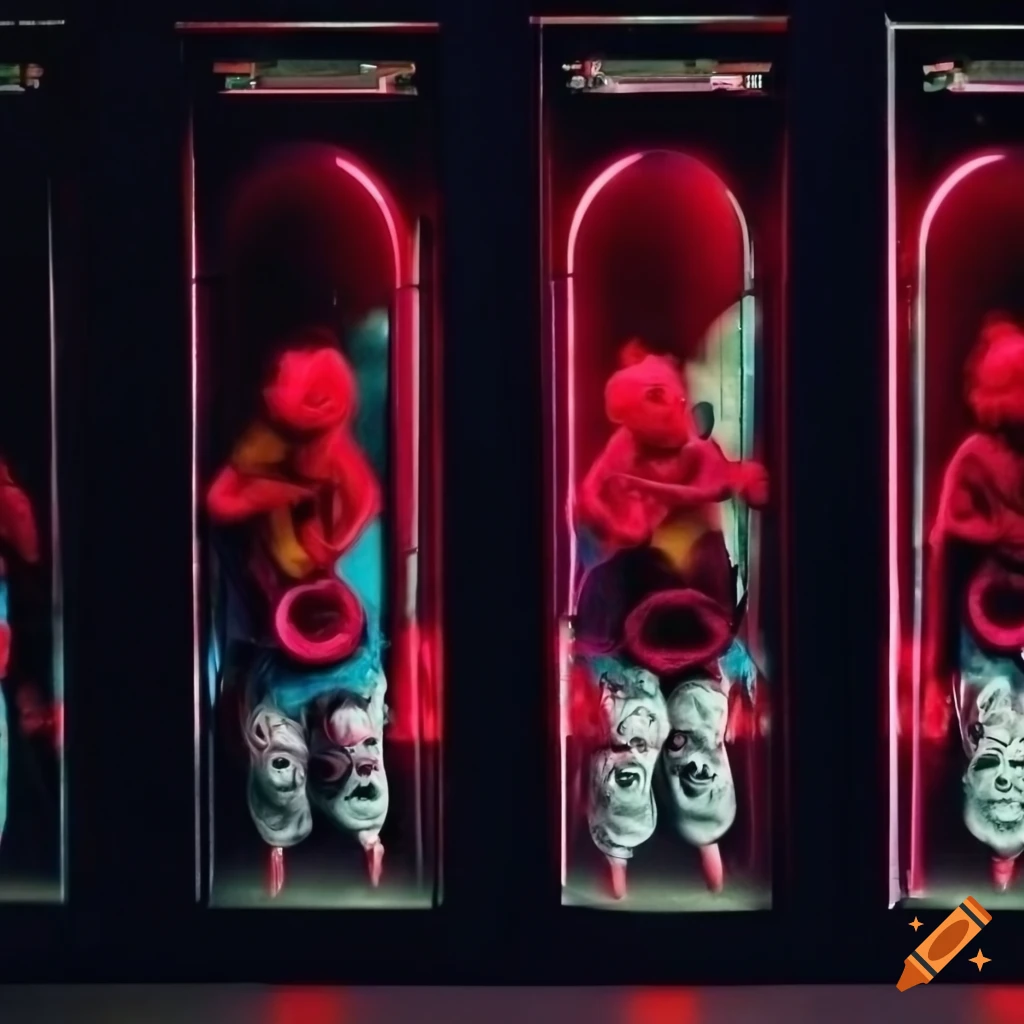 Clowns in a server room with creepy neon lights on Craiyon