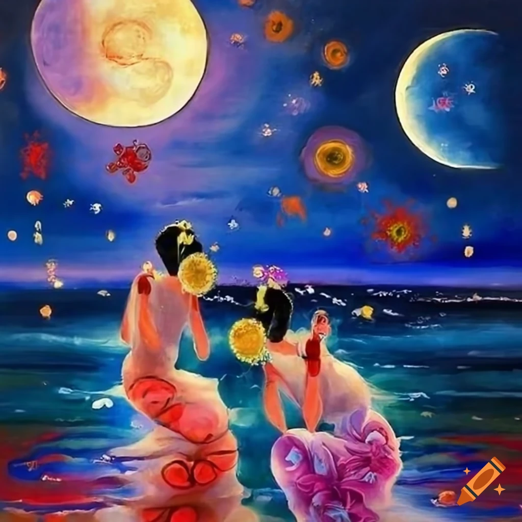 Surreal night scene with abstract female figures and floating flowers ...